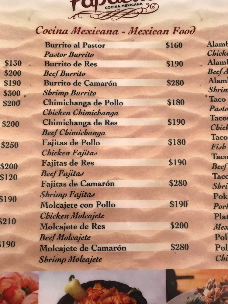 Menu at Papacito restaurant, Puerto Aventuras