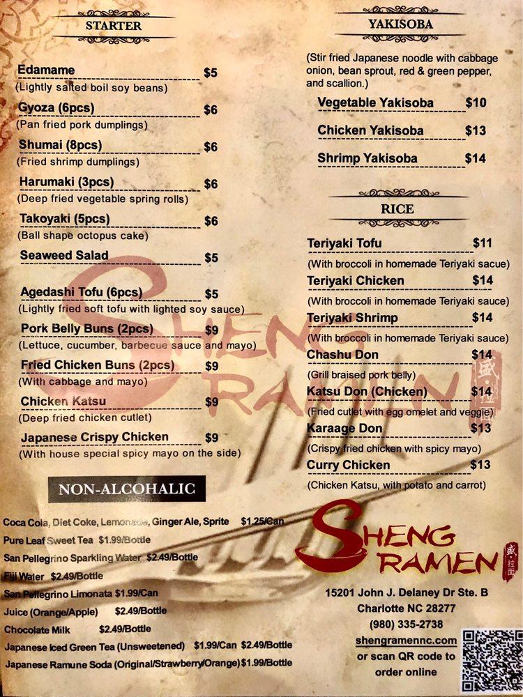 Menu at Sheng Ramen Ballantyne restaurant, Charlotte