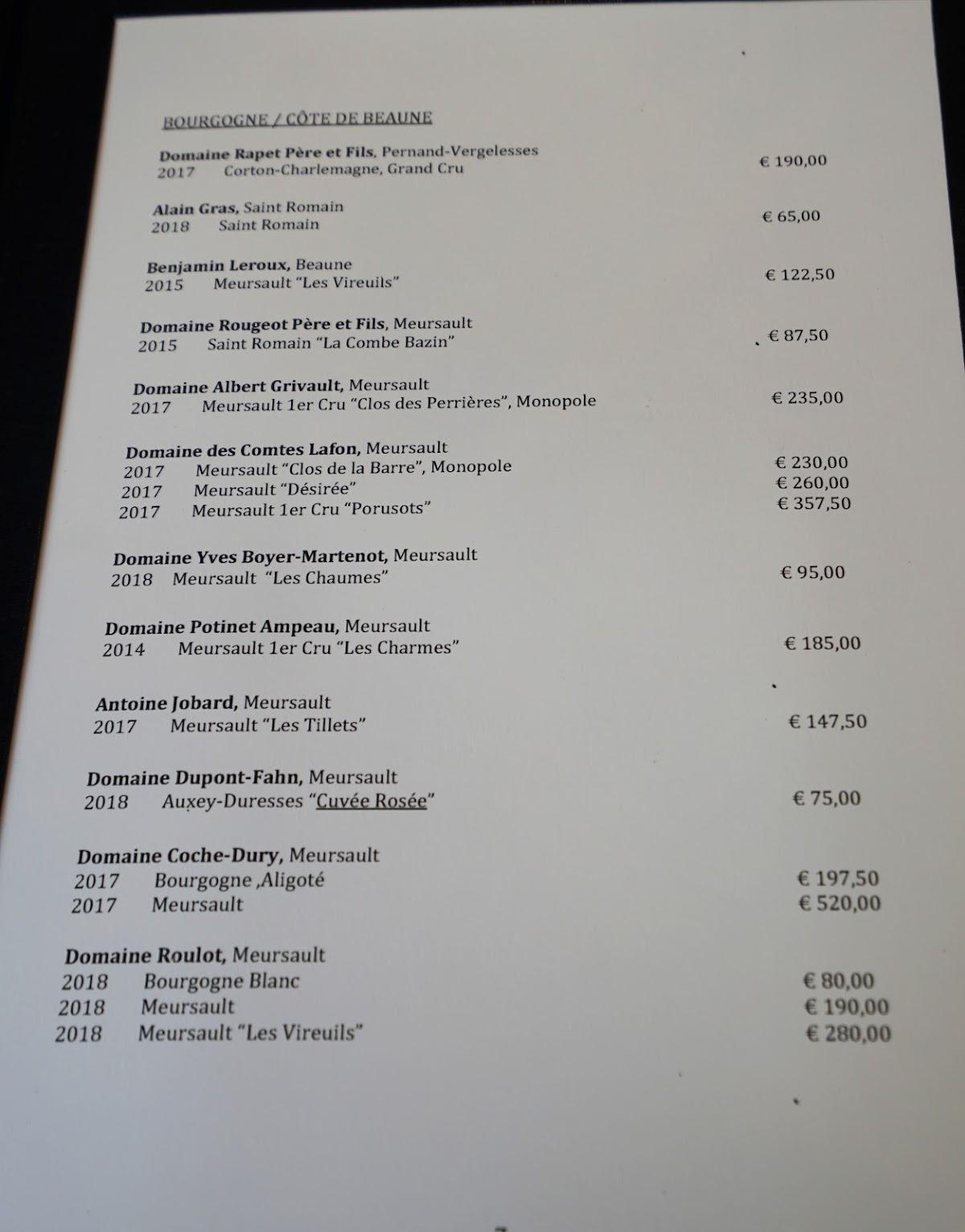 Menu at Amarone, Rotterdam