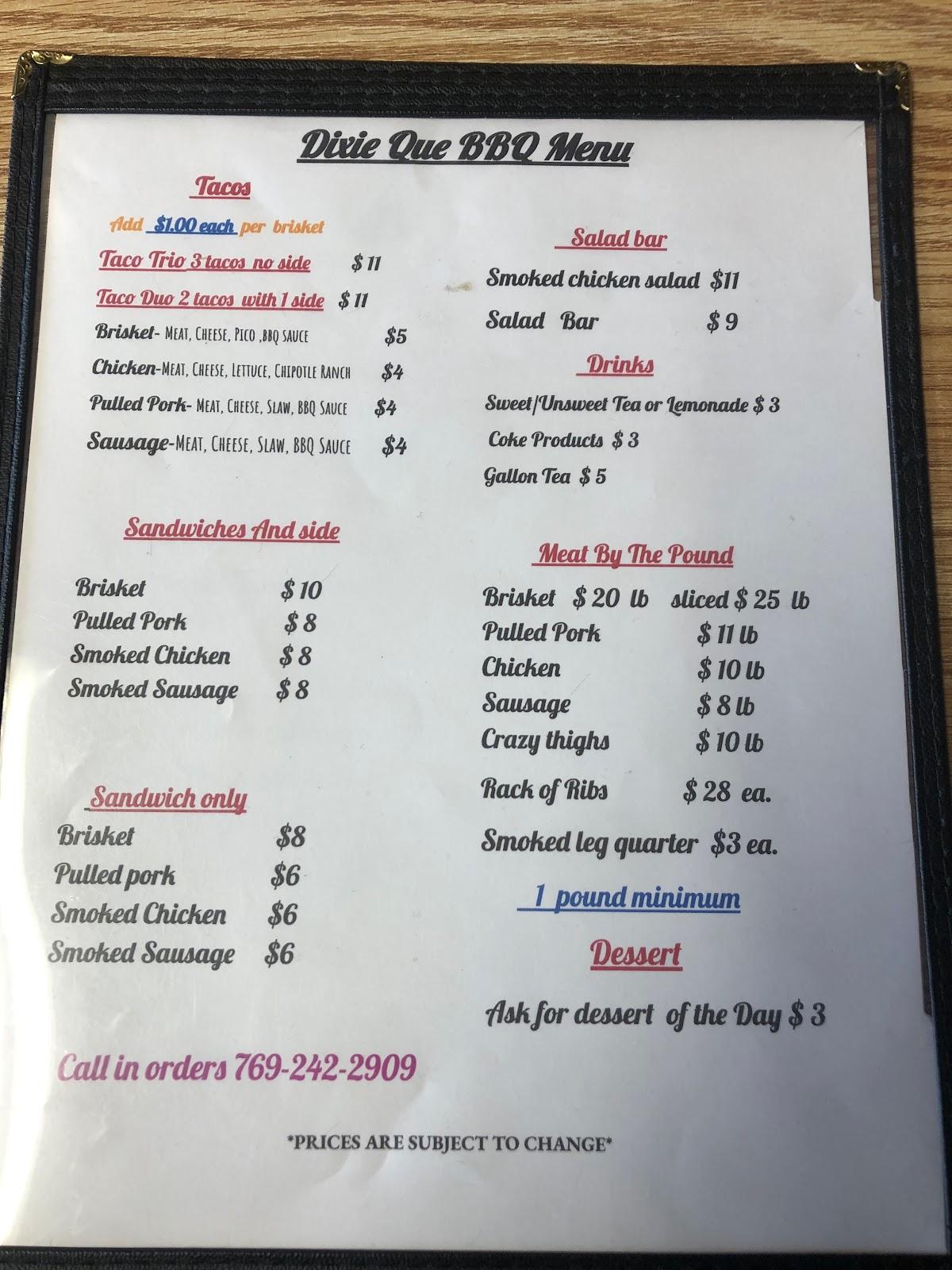 Menu at Dixie Que restaurant, Picayune