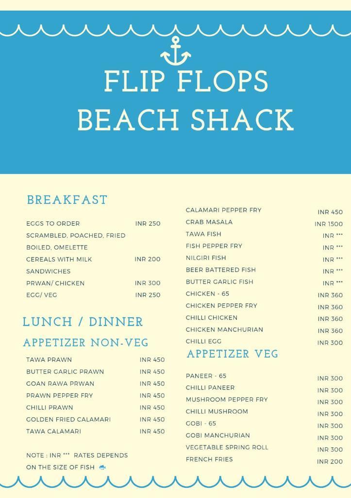Menu at Flip Flops Beach Shack & Cafe, Mahabalipuram