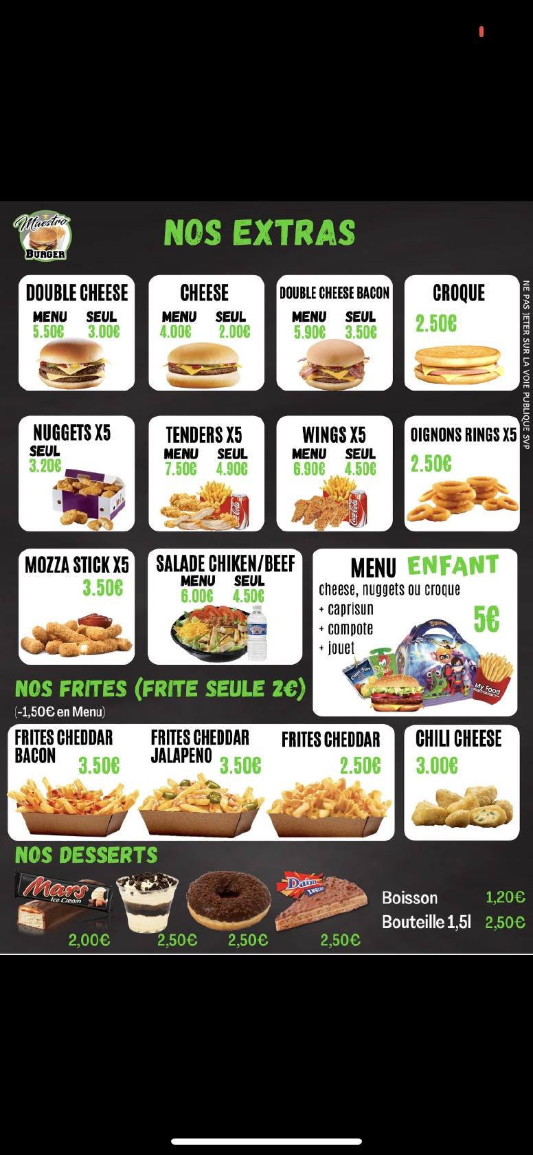 Menu at LE MAESTRO BURGER restaurant, Armentières
