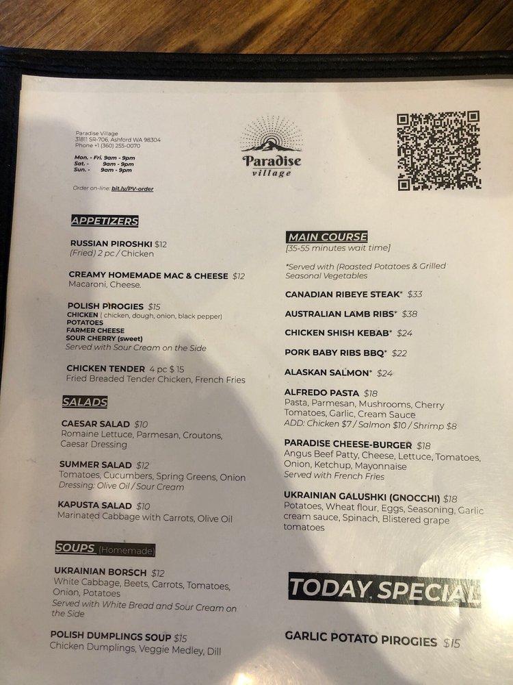 Menu at Paradise Village Hotel & Restaurant, Ashford