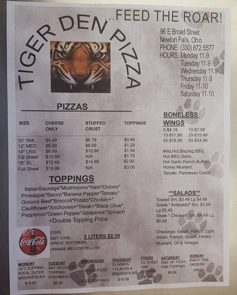 Menu at Tiger Den Pizza pizzeria, Newton Falls