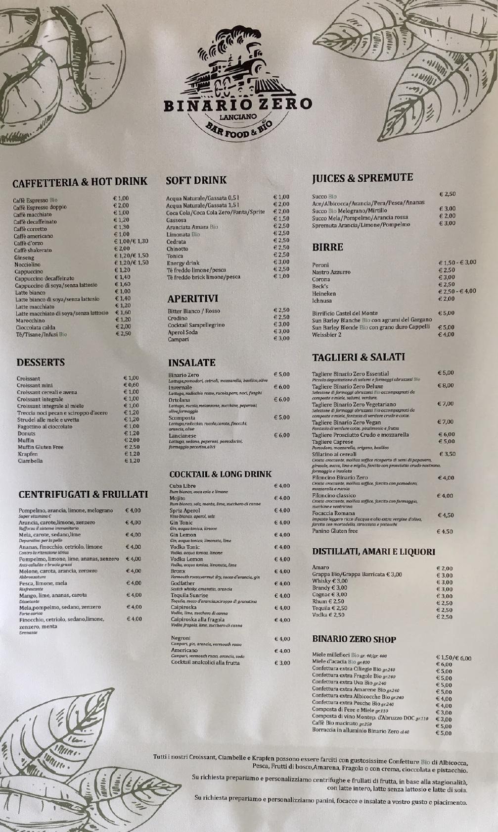 Menu at Binario Zero pub & bar, Lanciano