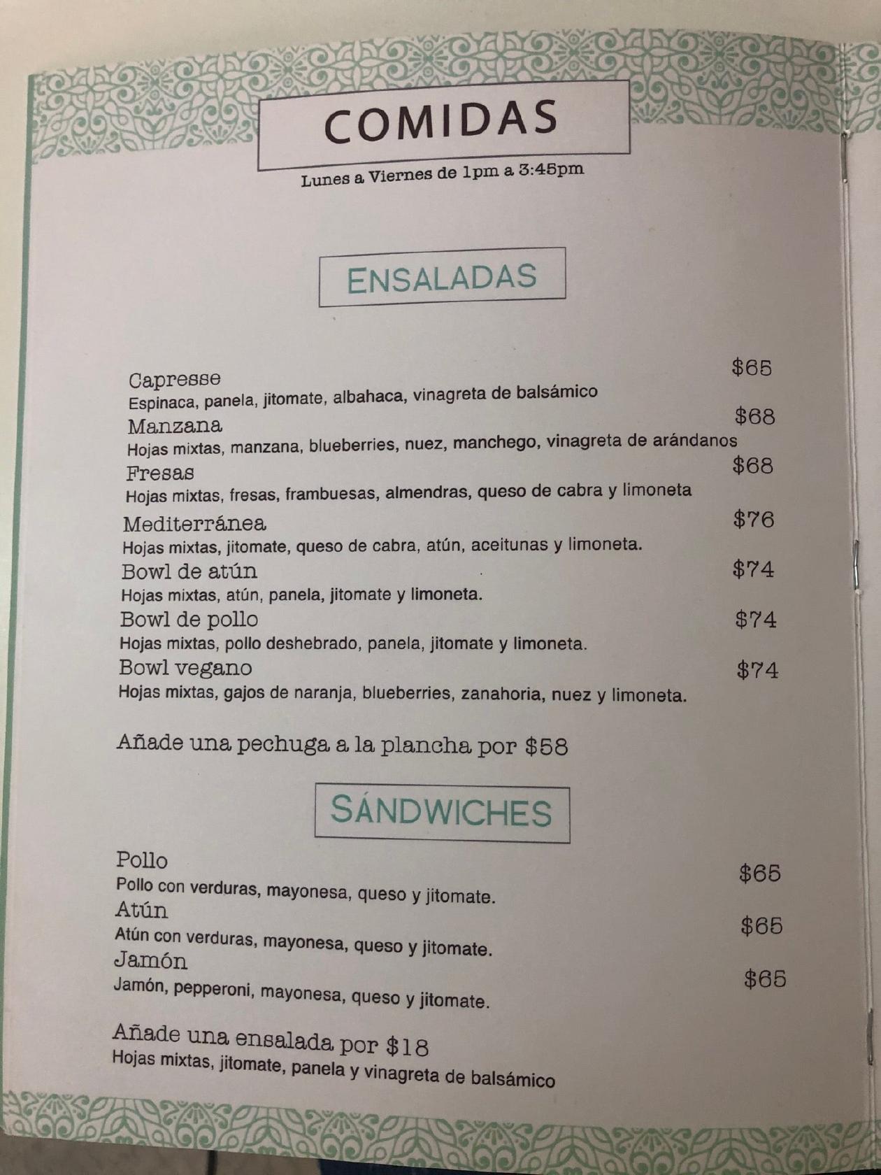 Menu at Mademoiselle Café, Zapopan