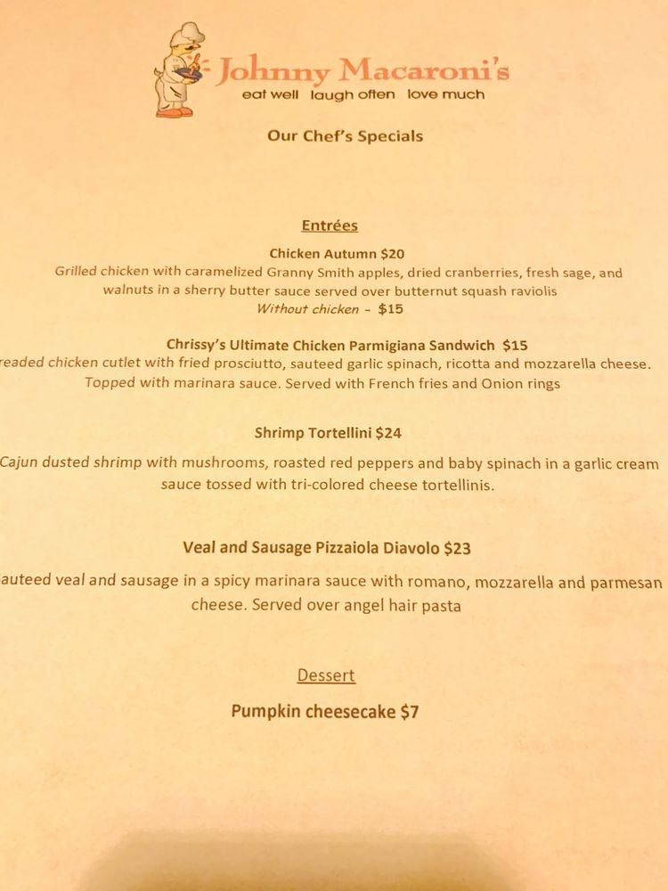 Menu at Johnny Macaroni's desserts, East Bridgewater, Plymouth St
