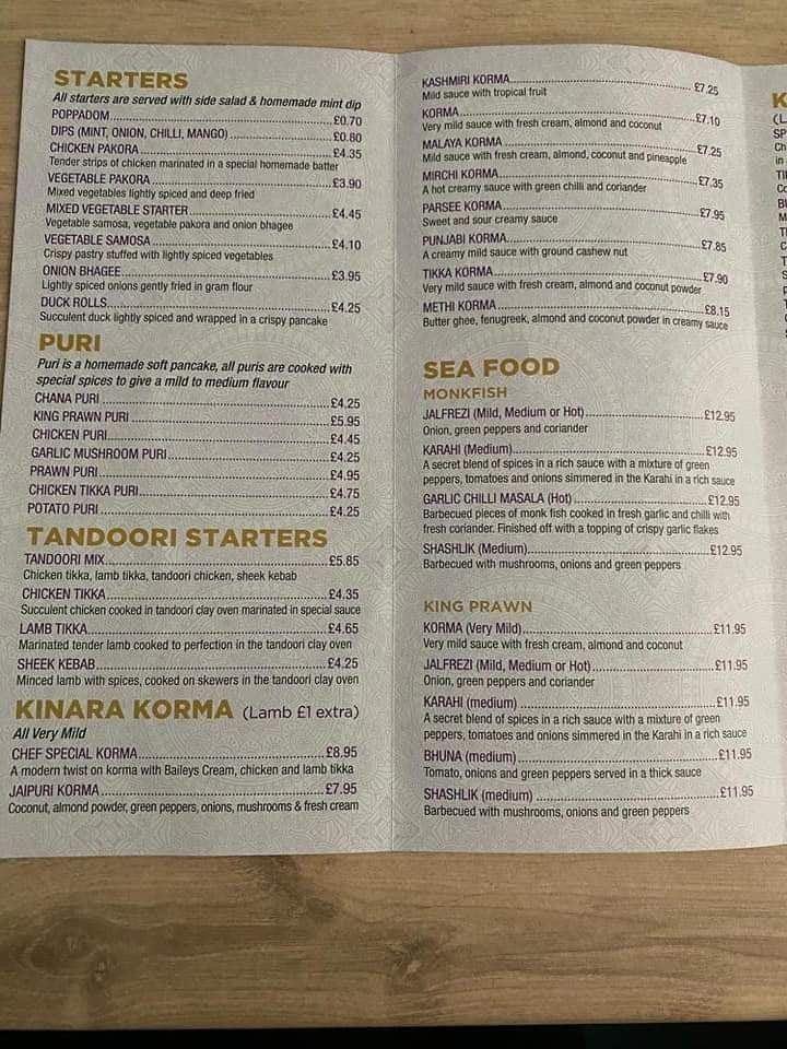 Menu at Kinara Indian Cuisine restaurant, Whiteabbey