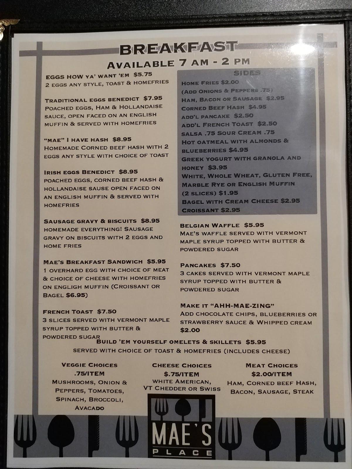 Menu at Mae's Place cafe, Brandon