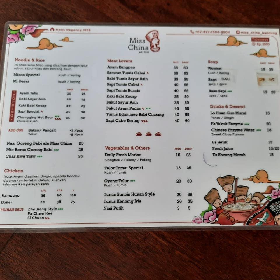 Menu at Miss China restaurant, Bandung
