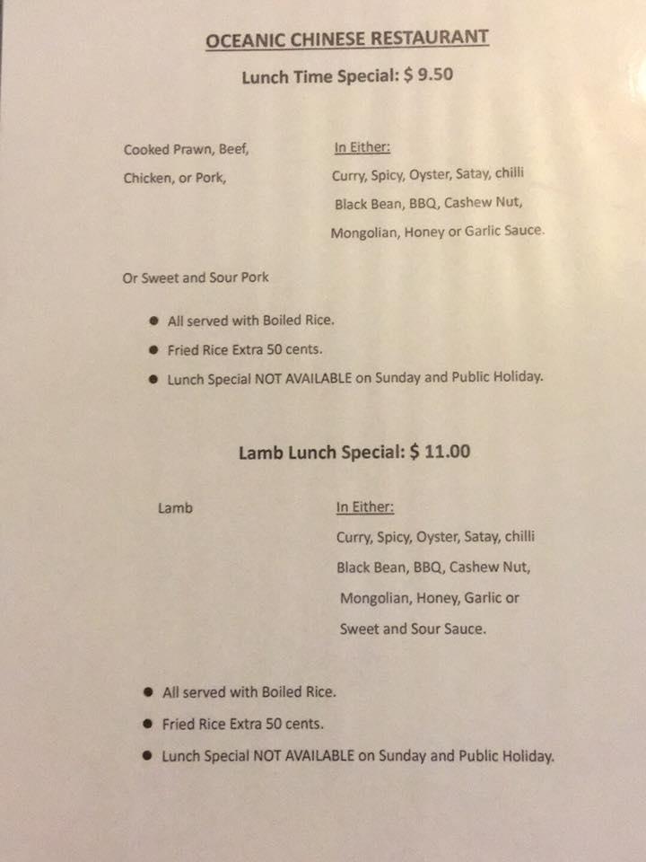 Menu at Oceanic restaurant, Salamander Bay