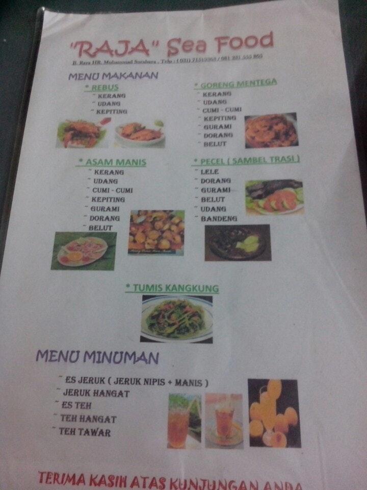 Menu at Raja Seafood restaurant, Surabaya