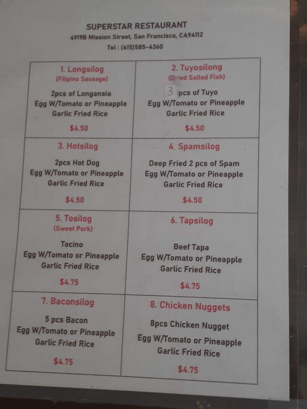 Menu at Super Star Restaurant, San Francisco