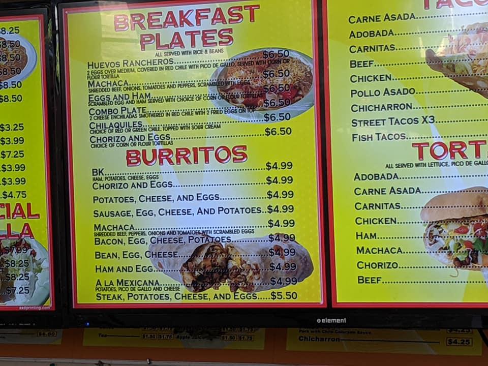 Menu at Tata's Burritos restaurant, Loveland