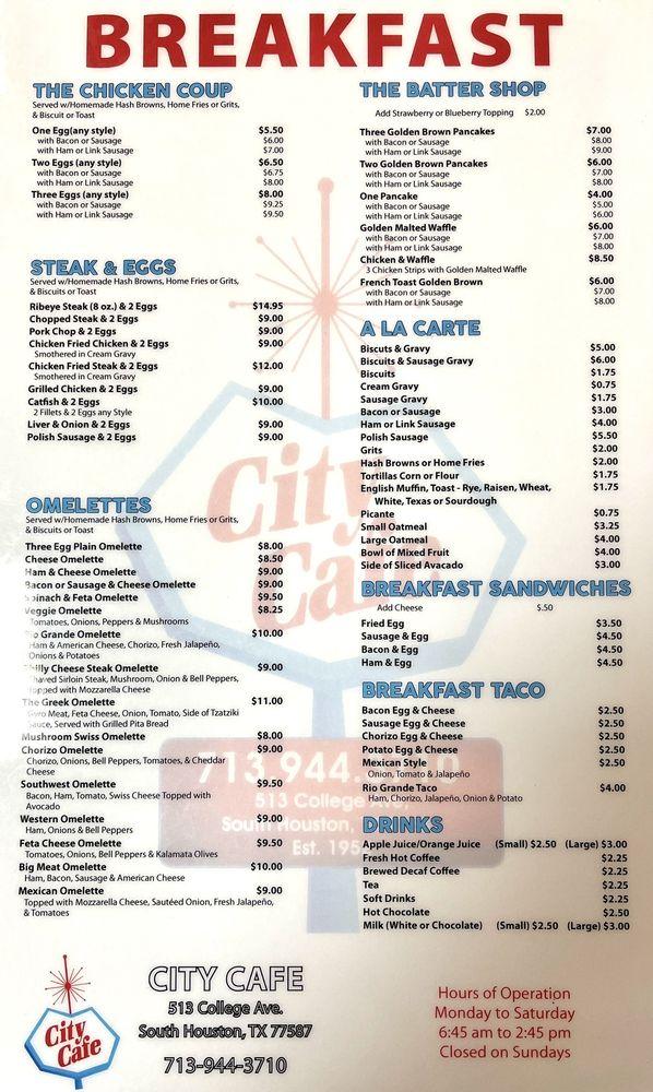 Menu at City Cafe, South Houston, 513 College Ave