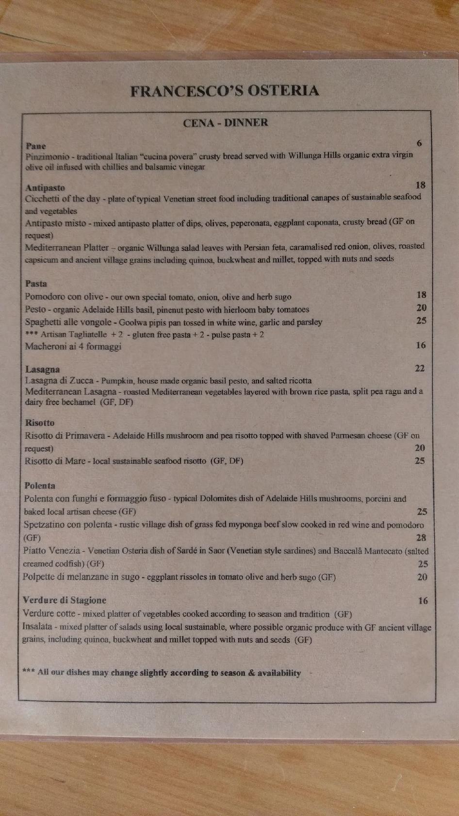 Menu at Francescos Osteria restaurant, Torrensville