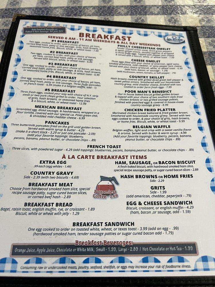 Menu at La Pines Cafe, Slidell