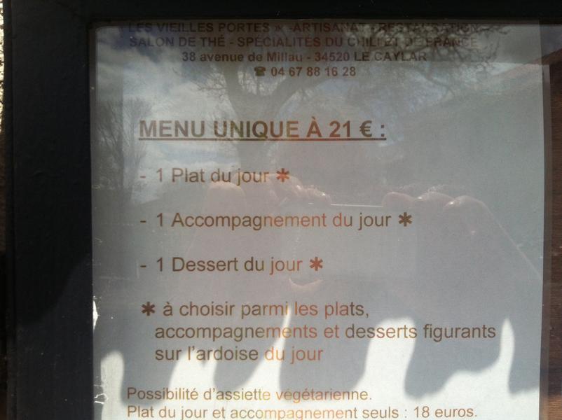 Menu au Les Vieilles Portes restaurant, Le Caylar