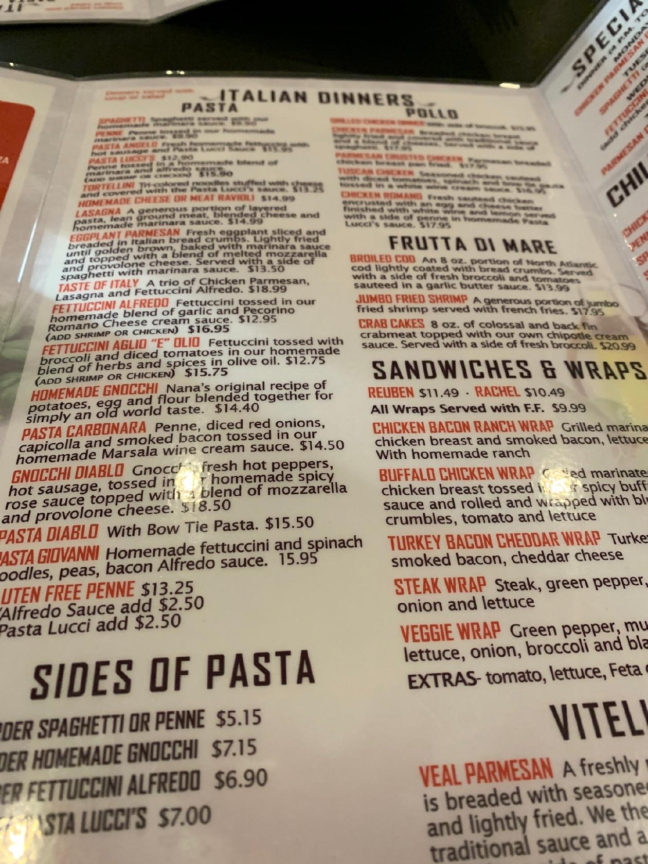 Menu at Lucci's Pizza & Pasta pizzeria, Manor