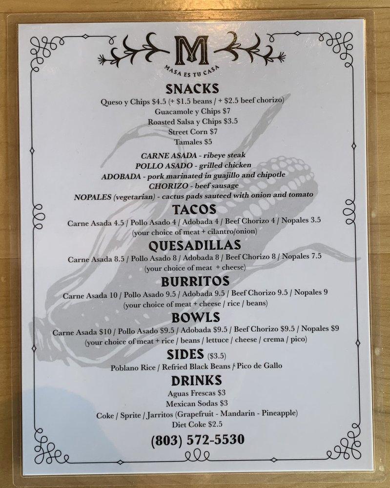 Menu at Masa Mexican Street Food pub & bar, Camden