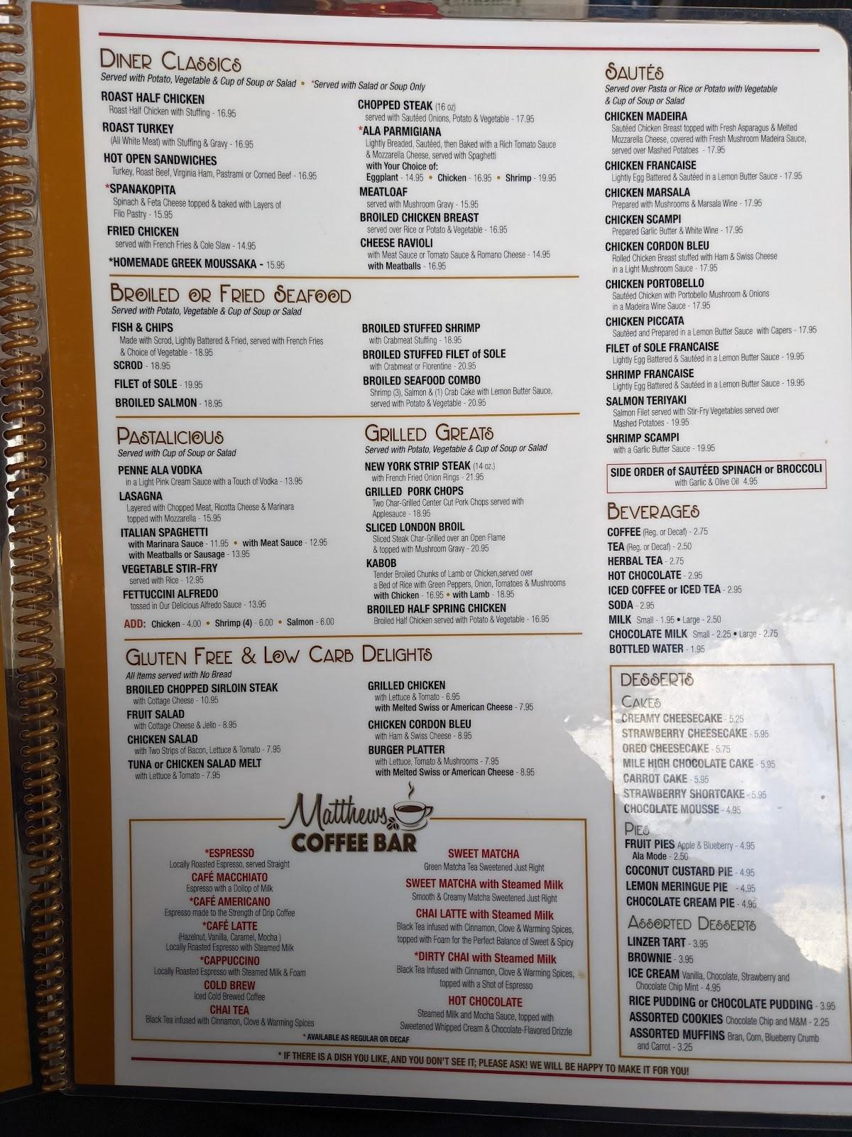 Menu at Matthews Colonial Diner restaurant, Waldwick