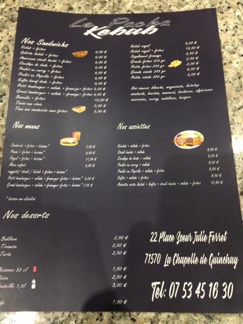 Carta del restaurante Pacha kebab, La Chapelle-de-Guinchay
