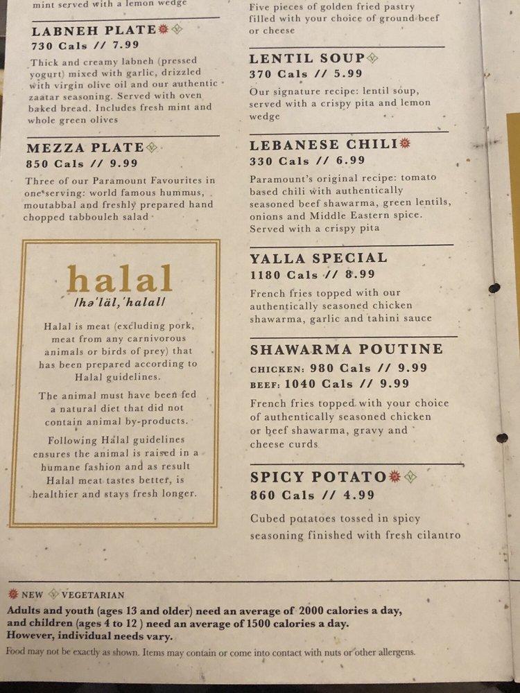 Menu at Paramount Fine Foods restaurant, Ottawa, 51 Marketplace Ave