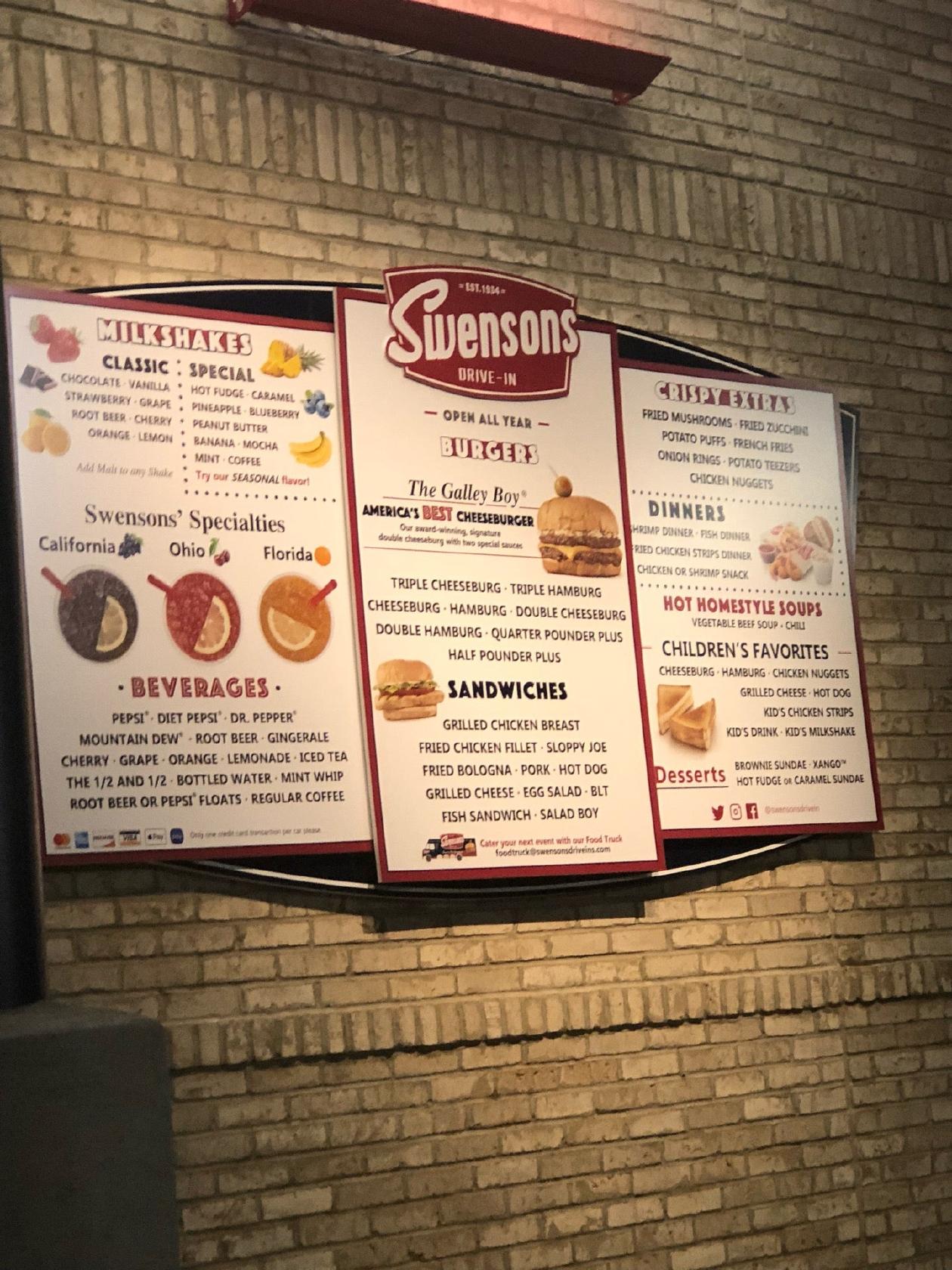 Menu at Swensons Drive-In fast food, North Olmsted
