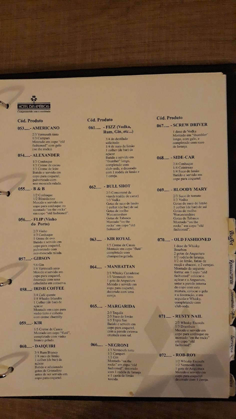 Menu at The Continental Restaurante, Brasília