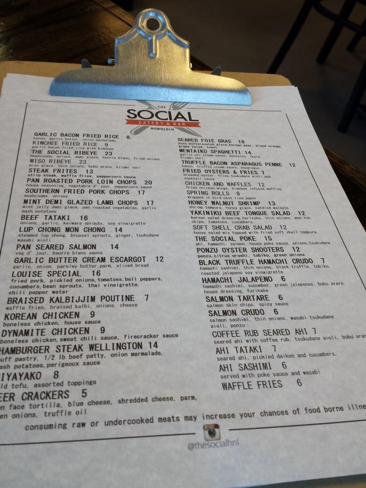 Menu at The Social Eatery & Bar, Honolulu
