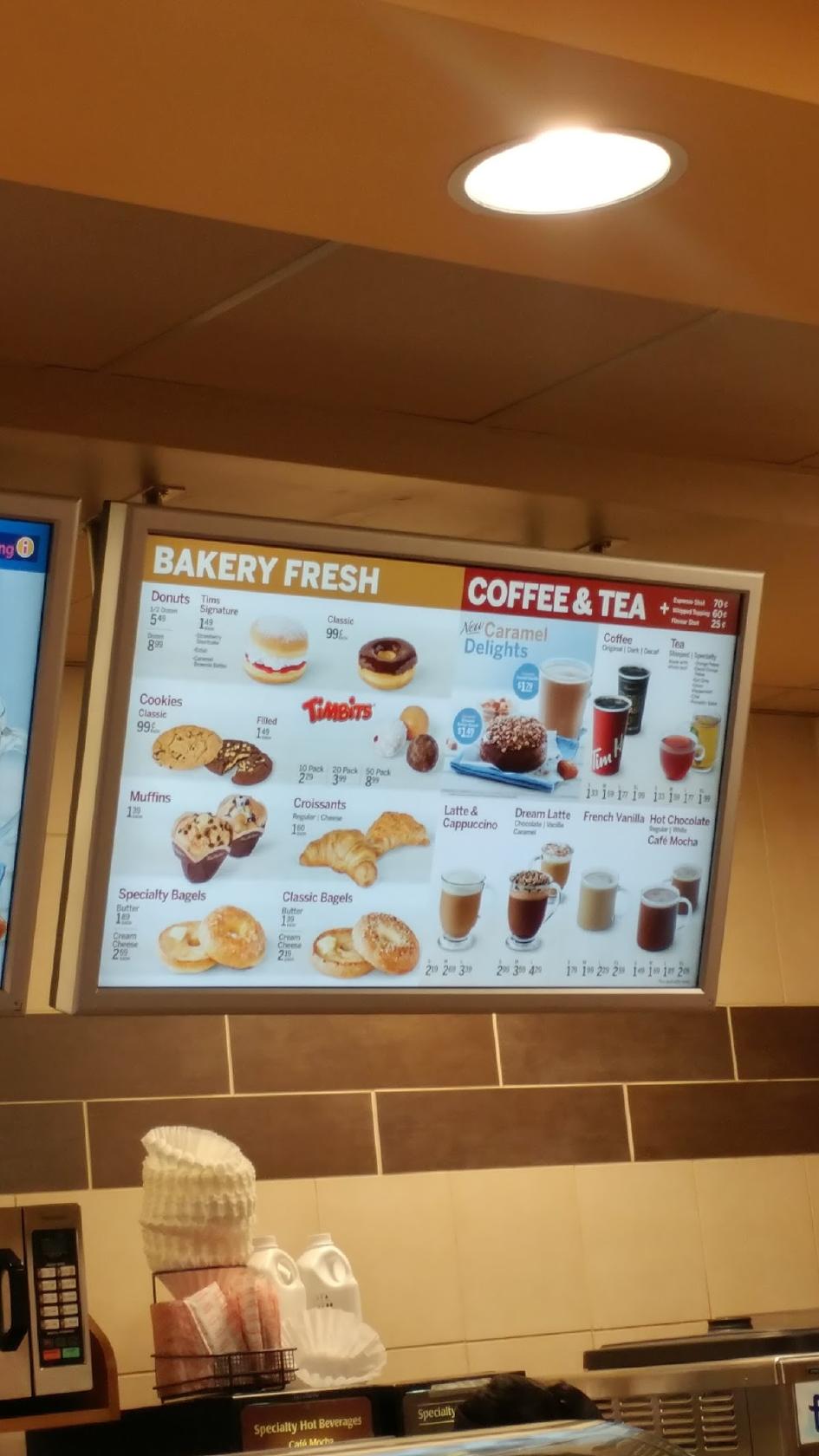 Menu at Tim Hortons cafe, Winnipeg, 949 Corydon Ave Unit 2