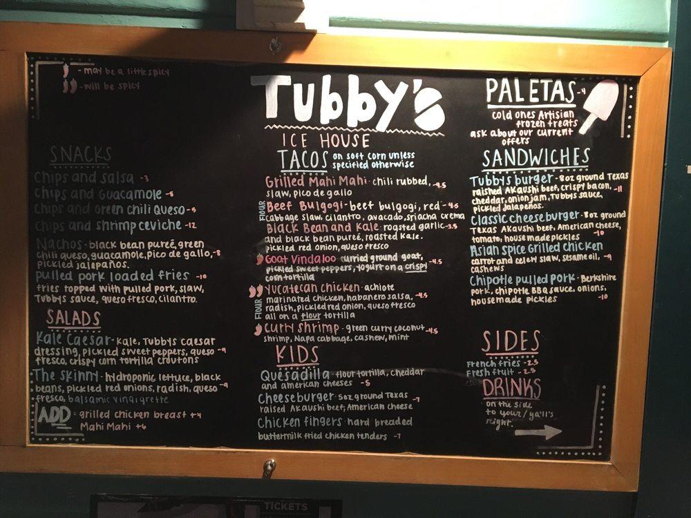 Menu at Tubby's Ice House restaurant, Fredericksburg