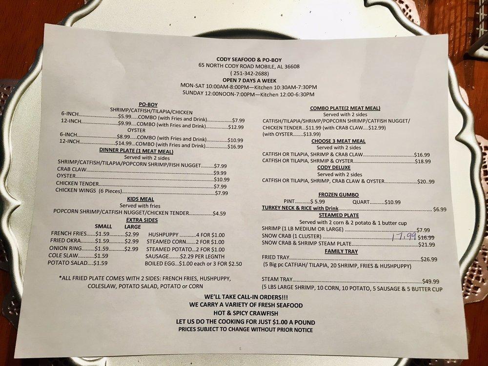 Menu at Cody Seafood restaurant, Mobile