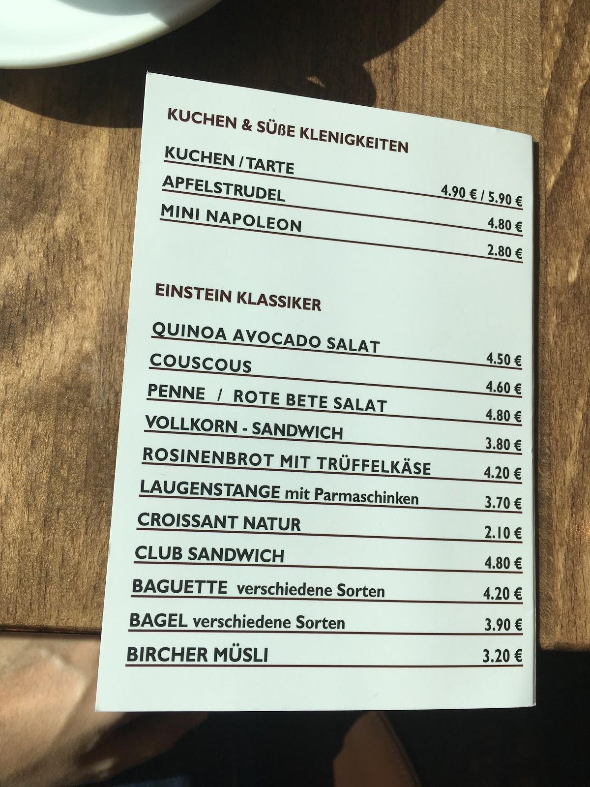 Menu at Einstein Kaffee cafe, Berlin, Alexanderpl. 3