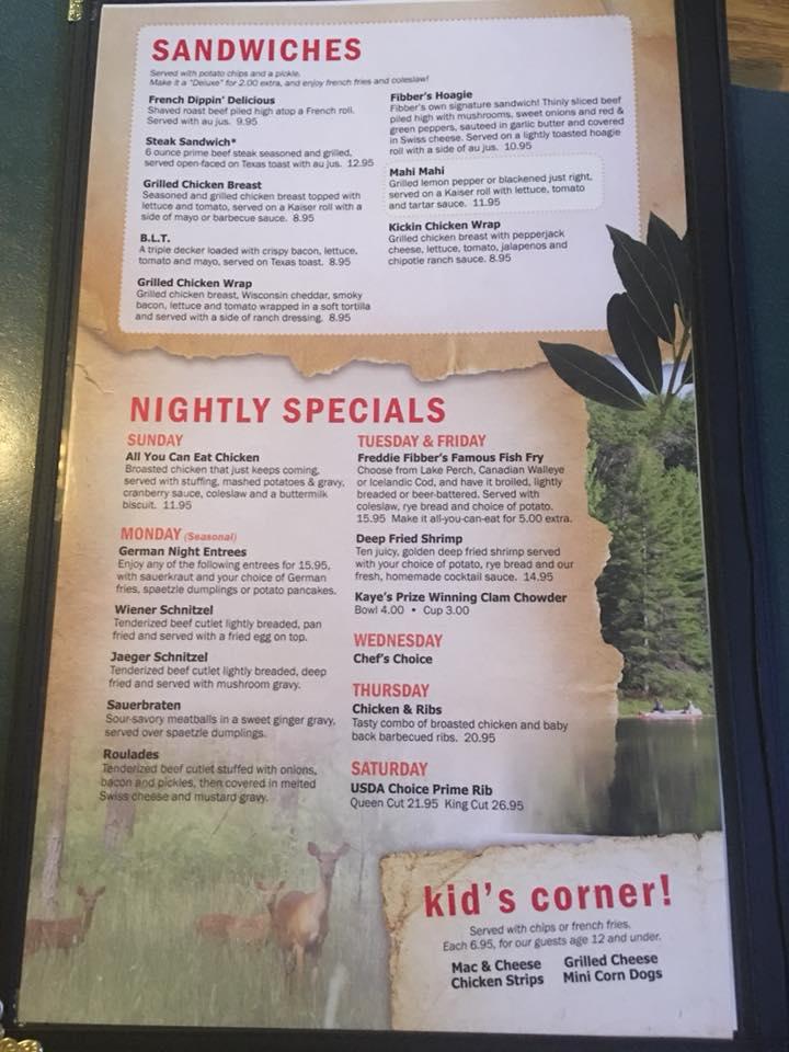 Menu at Fibbers Bar and Restaurant, USA