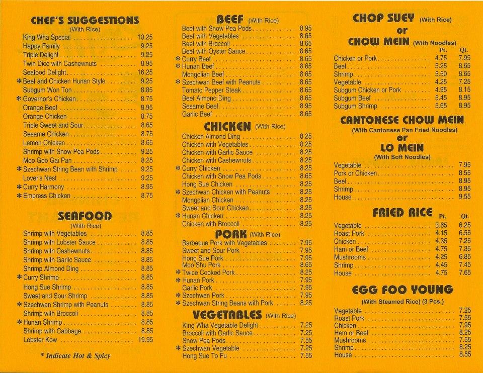 Menu at King Wha Chinese Restaurant, Elkhart
