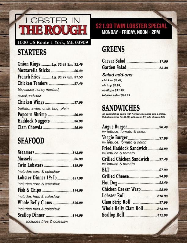 Menu at Lobster In The Rough pub & bar, York