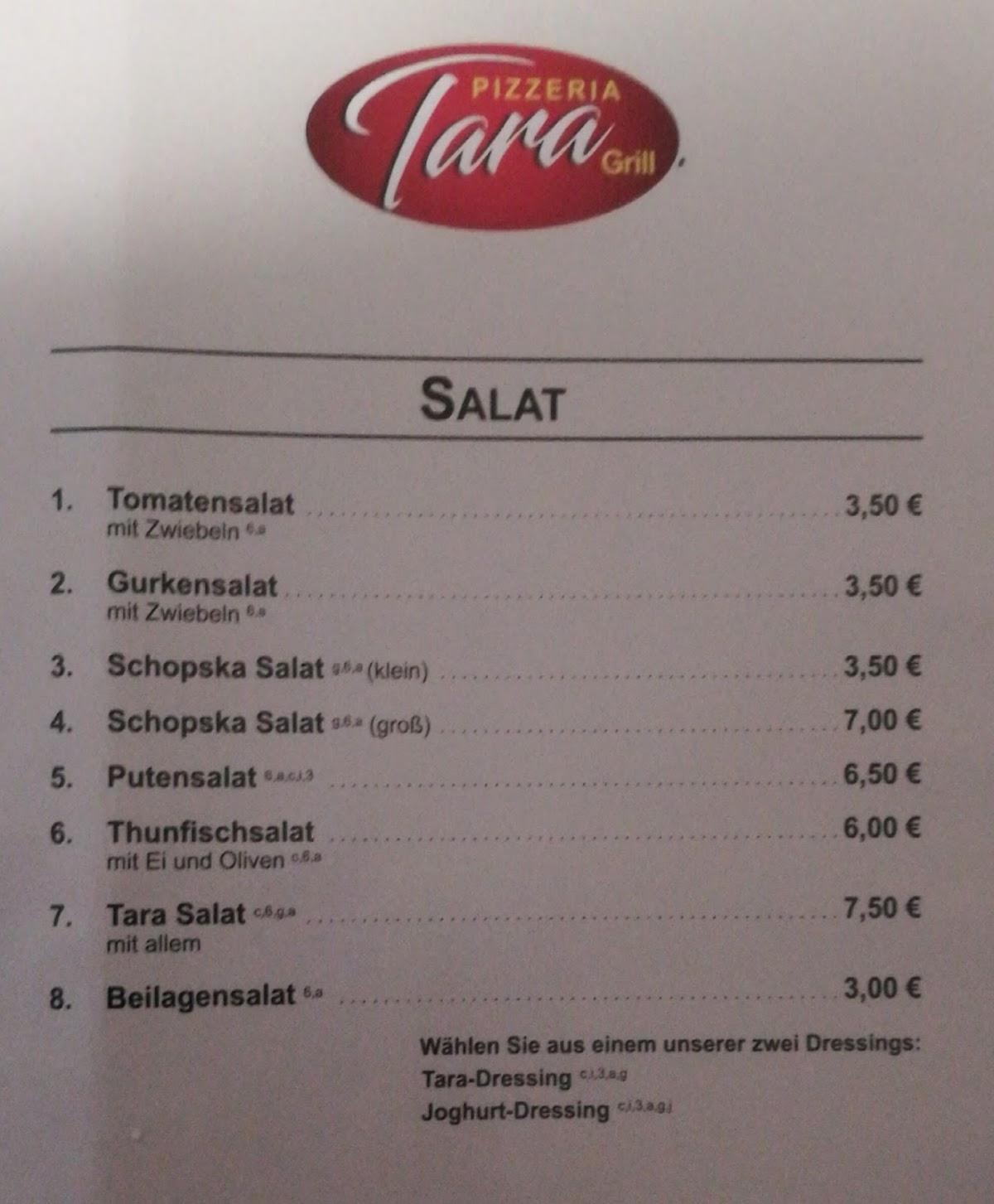 Menu at Pizzeria Tara, Abensberg