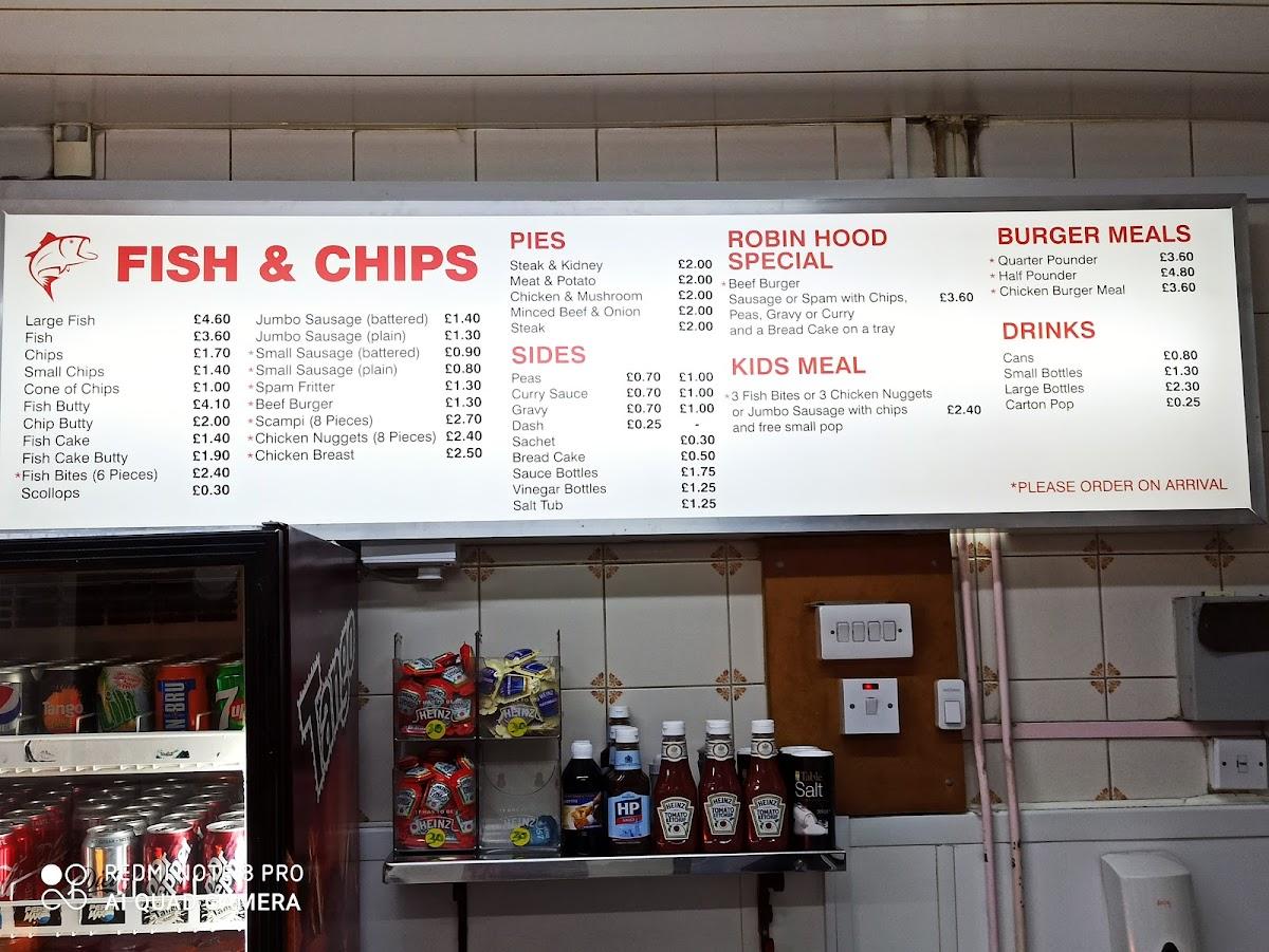 Menu at Robin Hood Fisheries fast food, Wakefield, 500 Leeds Rd
