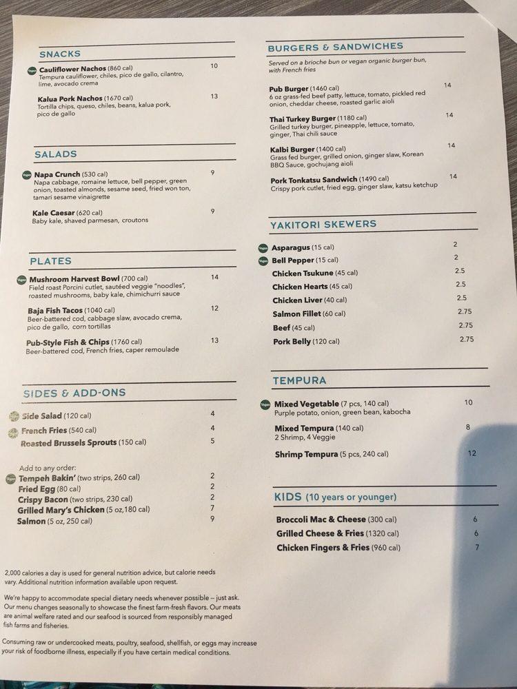 Menu at Two Tides Bar, Honolulu