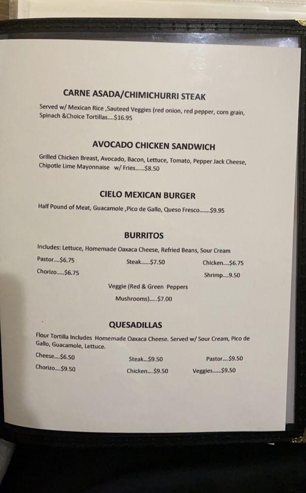 Menu at Cielo Mexican Grill restaurant, Schaumburg