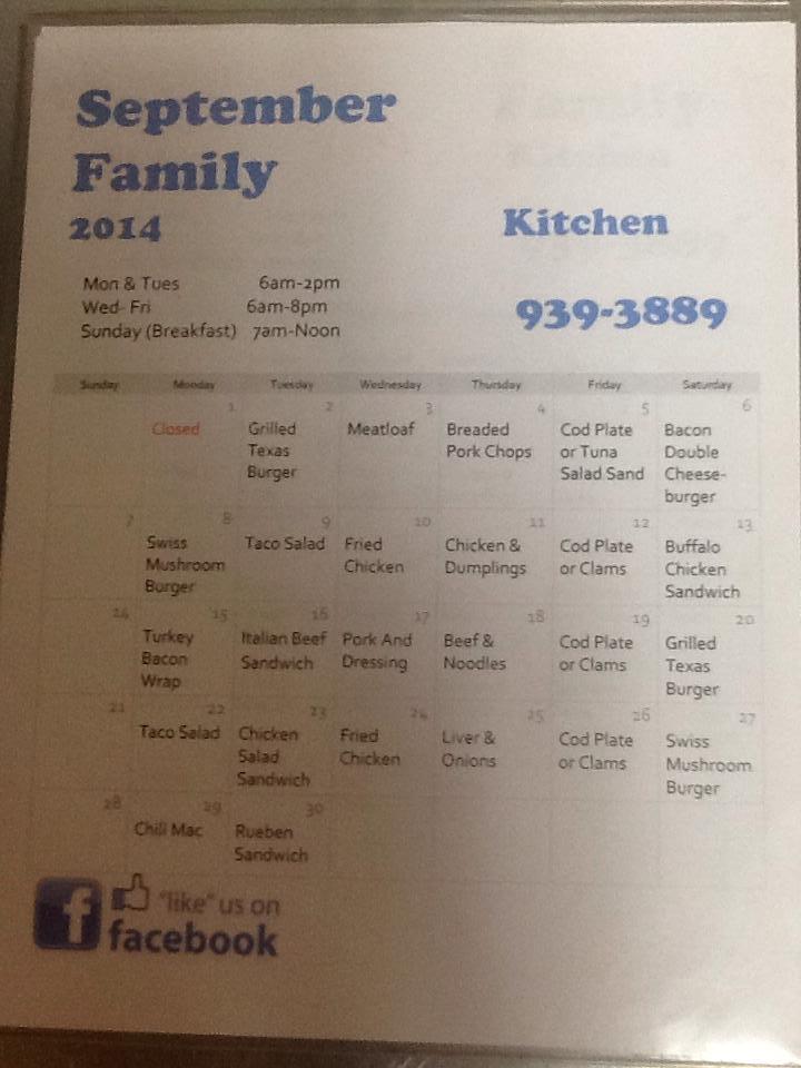 Menu at Family Kitchen restaurant, Waterloo