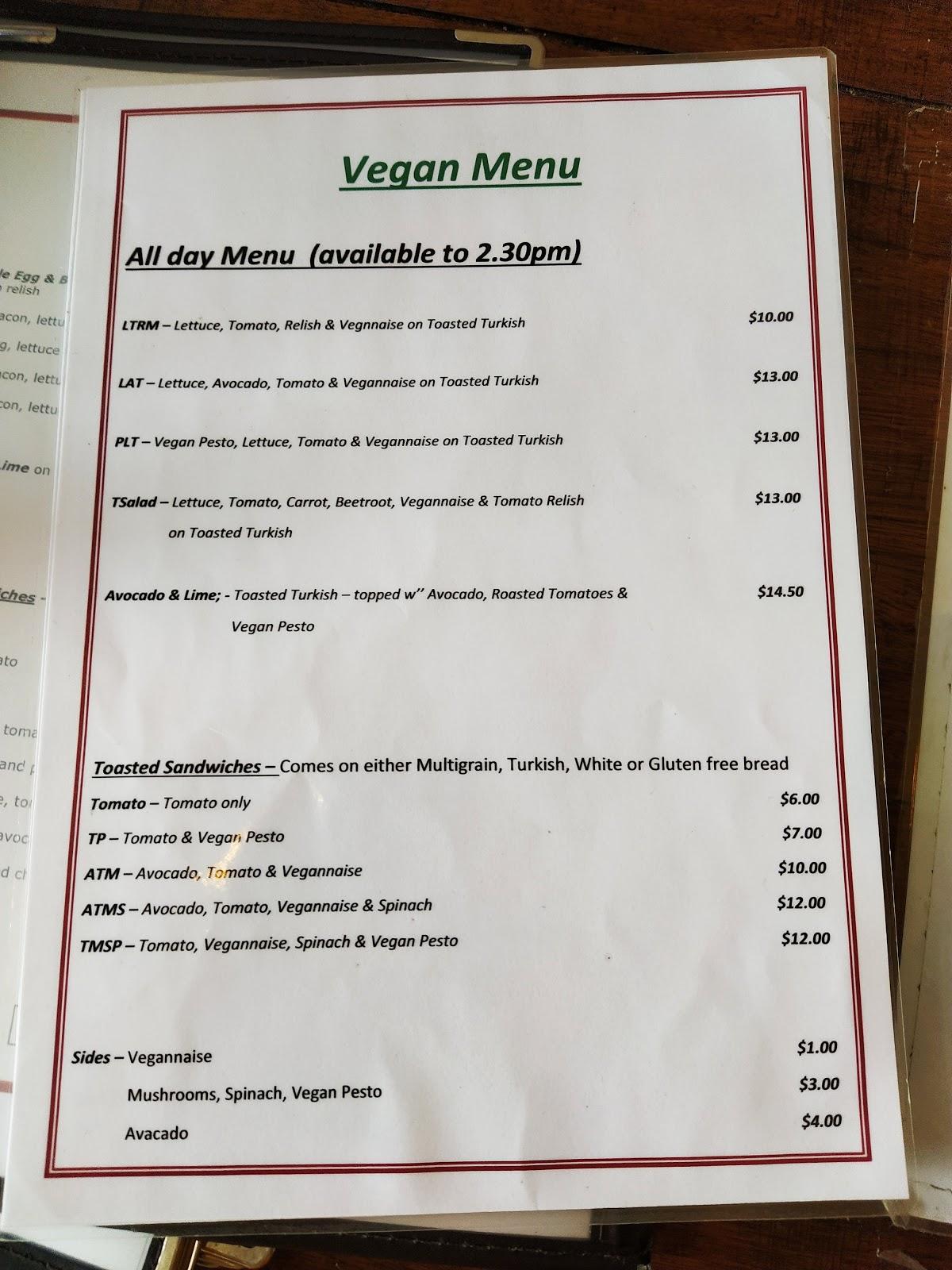Menu at Grumpy & Sweetheart's restaurant, Mogo