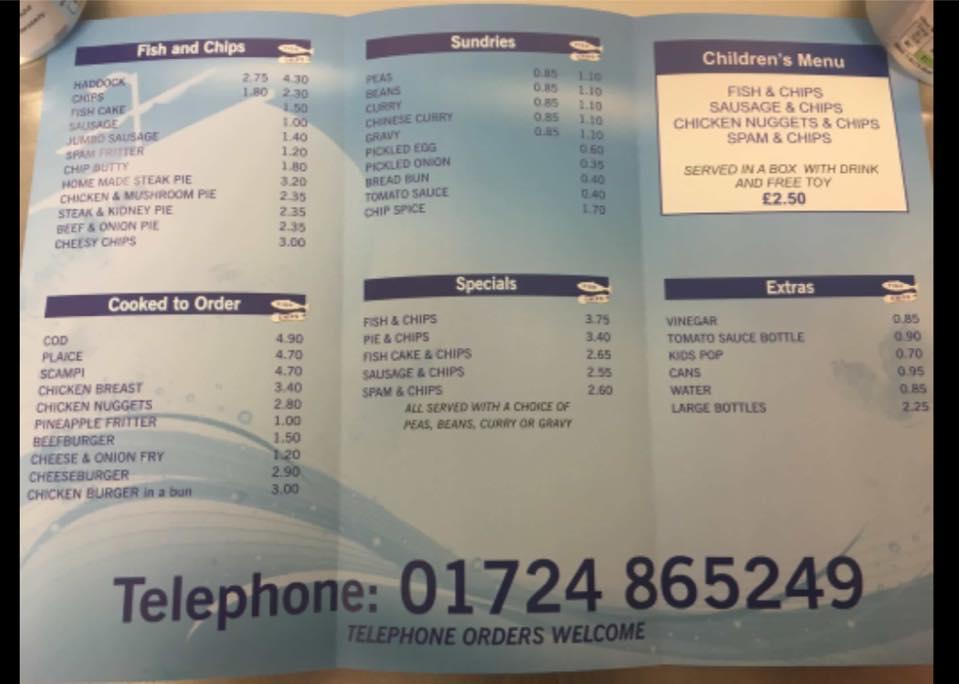Menu at Kingston Fisheries restaurant, Scunthorpe