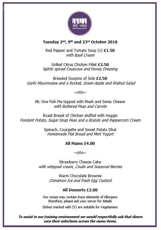 Menu at ML One restaurant, Motherwell