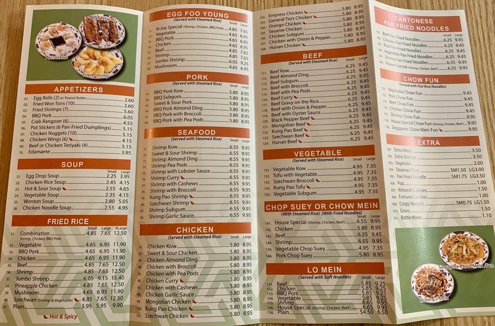 Menu at N-Joy Chop Suey restaurant, Cicero