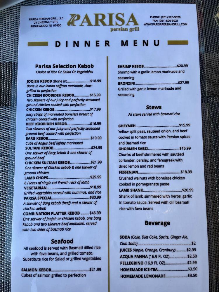 Menu at Parisa Persian Grill restaurant, Ridgewood