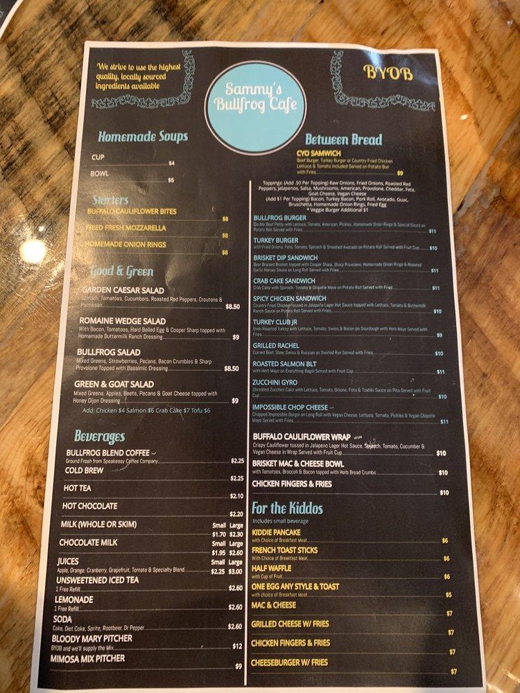 Menu at Sammy’s Bullfrog Cafe, Harleysville