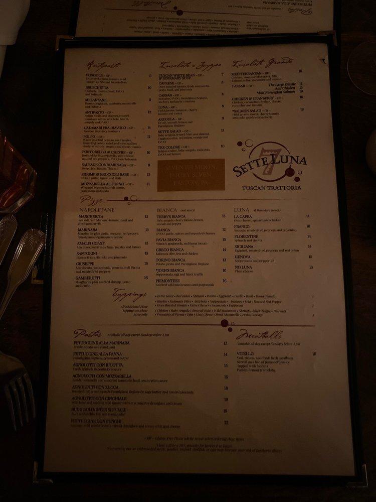 Menu at Sette Luna restaurant, Easton