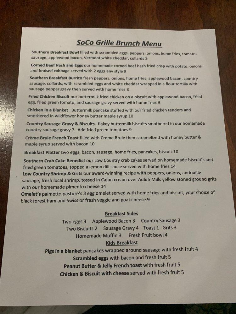 Menu at Soco Grille pub & bar, Georgetown